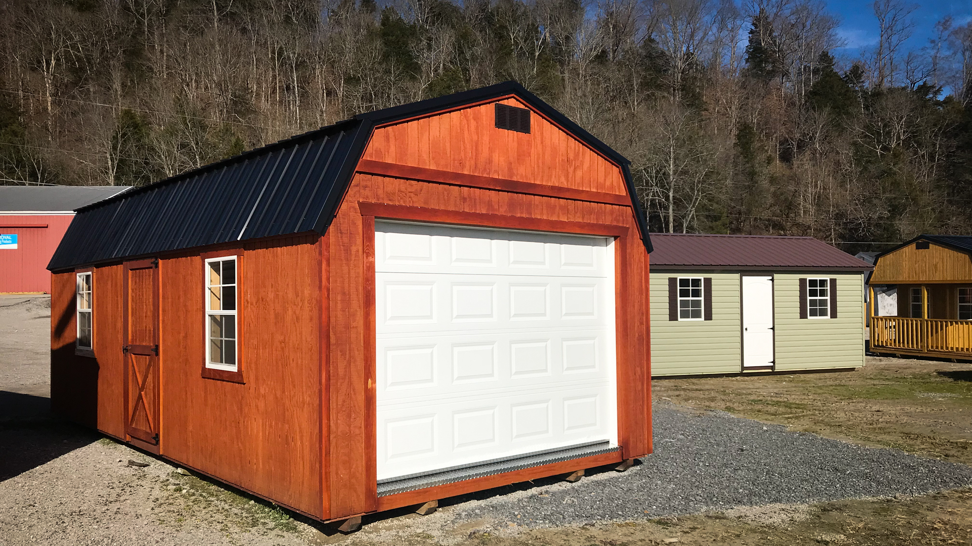 exterior of red and white car garage shed for sale near PA - Esh's ...