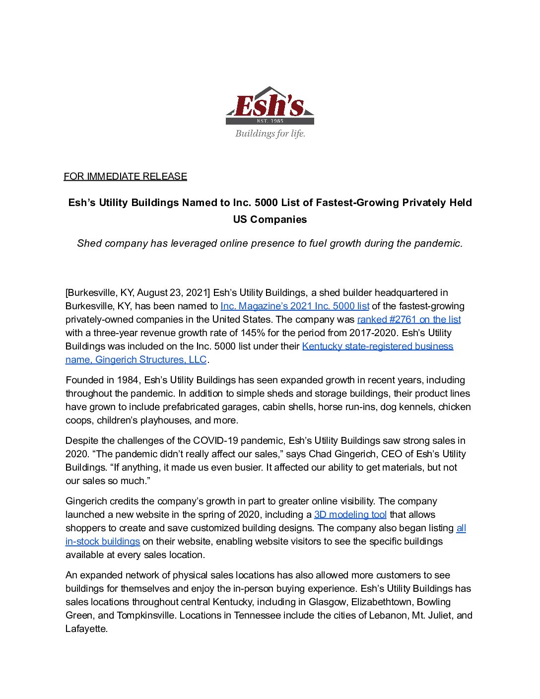 esh’s utility buildings inc 5000 press release - Esh's Utility Buildings