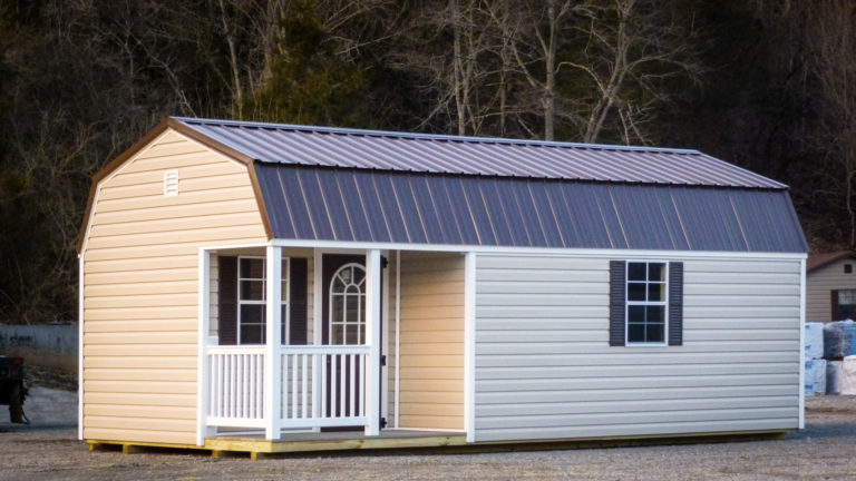 exterior of high barn wood shed with porch for sale - Esh's Utility ...