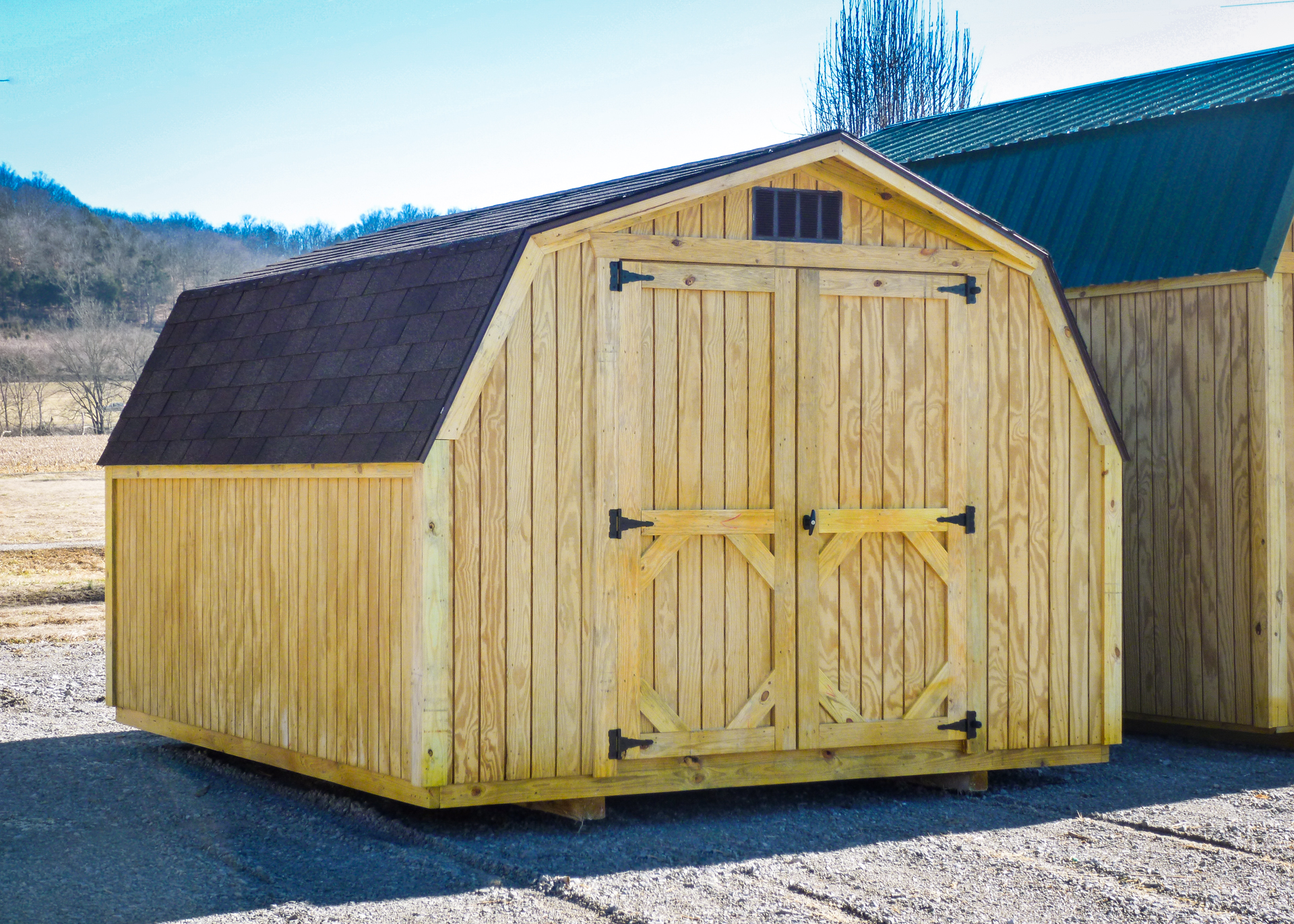 yellow low barn with the stained shed siding option - Esh's Utility ...